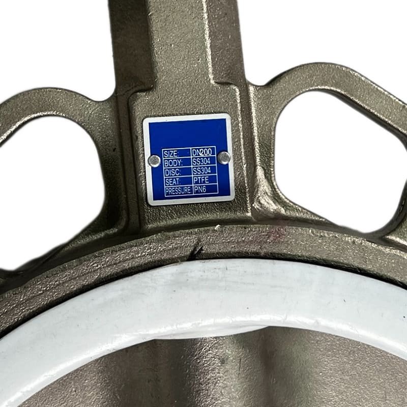 PN6 DN200 Wafer butterfly valve, body and disc AISI 304, PTFE, Double ...