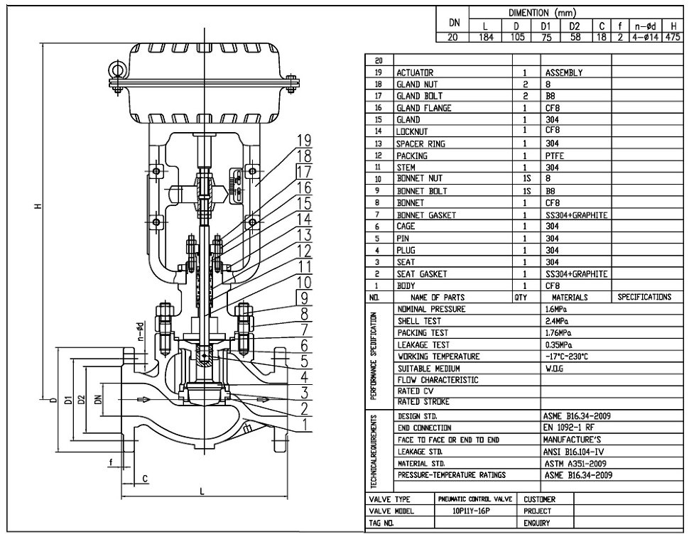 DN20 Pneumatically actuated control valve 10P11Y-DNx2016Z-L122C-C (CF8 ...